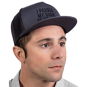 Ann Arbor T-shirt Co. I Paused My Game to Be Here | Funny Video Gamer Humor Joke for Men Women Hat Cap-(Trucker, 2 Tone) Grey/Black