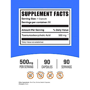 BulkSupplements.com TUDCA Capsules - TUDCA Supplement, Tauroursodeoxycholic Acid, TUDCA 500mg for Liver Support - Gluten Free, 1 Capsule per Serving, 90 Capsules (Pack of 1)