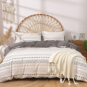 Lekesky Cotton Duvet Cover Queen Size, Boho Aztec Beige Comforter Cover Bedding Set for All Season, 3pcs Soft Comfortable Lightweight Duvet Cover and 2 Pillowcases