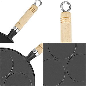 Linkidea Cast Iron 3-Cup Egg Frying Pan, Suitable for Gas Stove & Induction Cooker, Egg Skillet for Breakfast, Long Lasting, Easy Flipping, Healthy Uncoated Egg Cooker with Wooden Handle