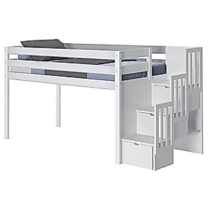 JACKPOT! Contemporary Low Loft Twin Bed with Stairway, Loft Bed, White