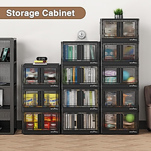 BROVIEW V6 Storage Bins with Lids, 136 QT Stackable Storage Bins with Wheels, Collapsible Storage Bins with Doors, Folding Storage Cabinets for Closet, Home Office Dorm Organizer Essential, Black