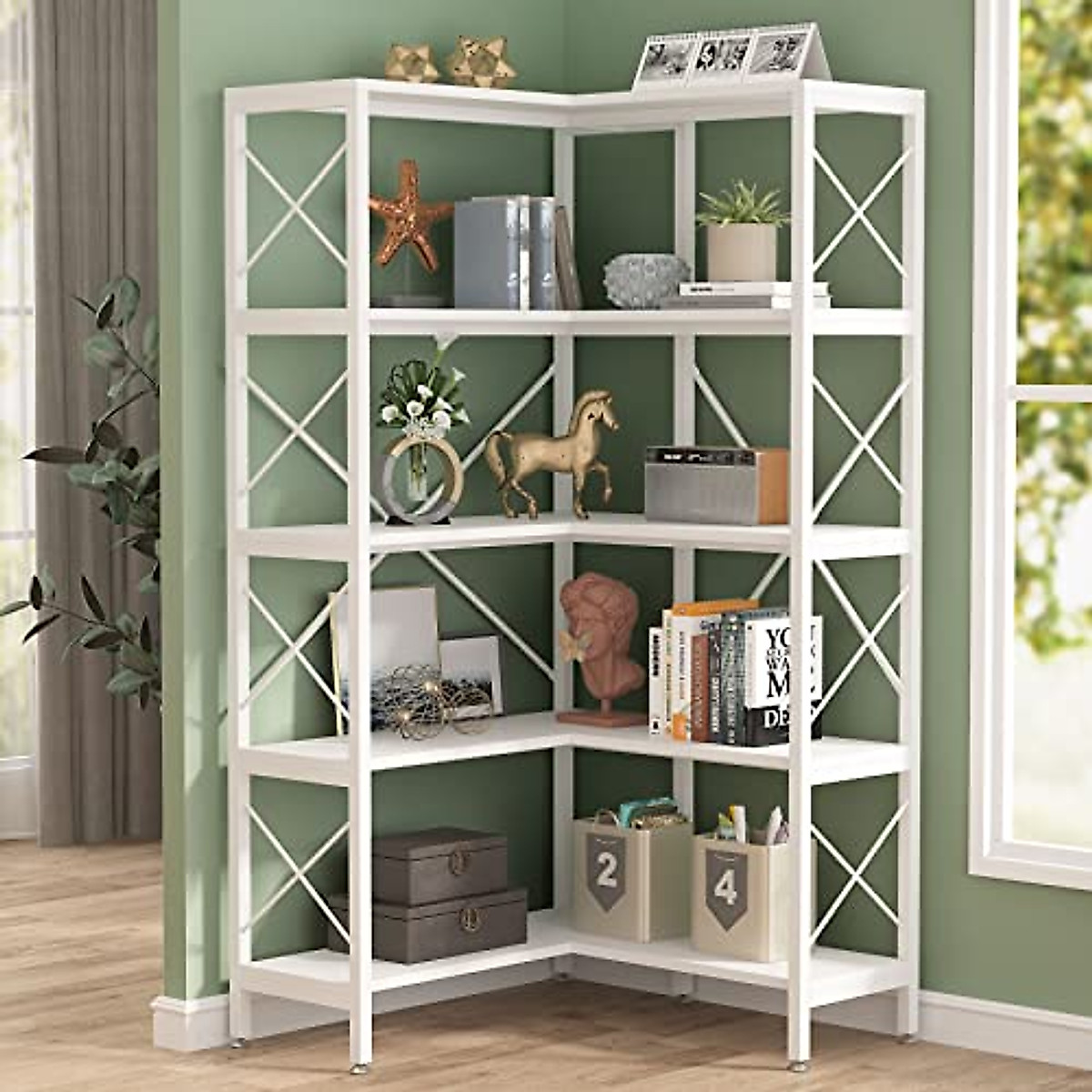 Tribesigns 5-Shelf Corner Bookshelf, Large Modern Corner Bookcase, 5-Tier Tall Corner Shelf Storage Display Rack with Metal Frame for Living Room Home Office (White)