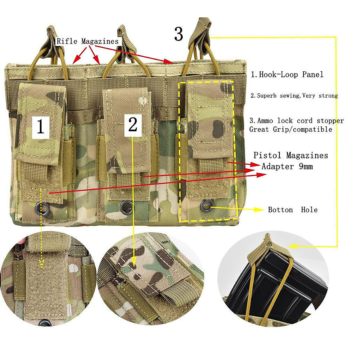 JFFCESTORE Upgraded Version Triple Mag Pouch Kangaroo Magazine Pouch Holds M4/M16 Mag (Triple Multicam)