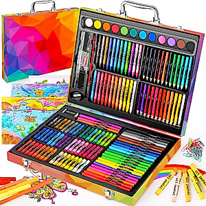 Soucolor Arts and Crafts Supplies, 183-Pack Drawing Painting Set for Kids Girls Boys Teens, Coloring Art Kit Gift Case: Crayons, Oil Pastels, Watercolors Cake, Colored Pencils Markers, Sketch Paper