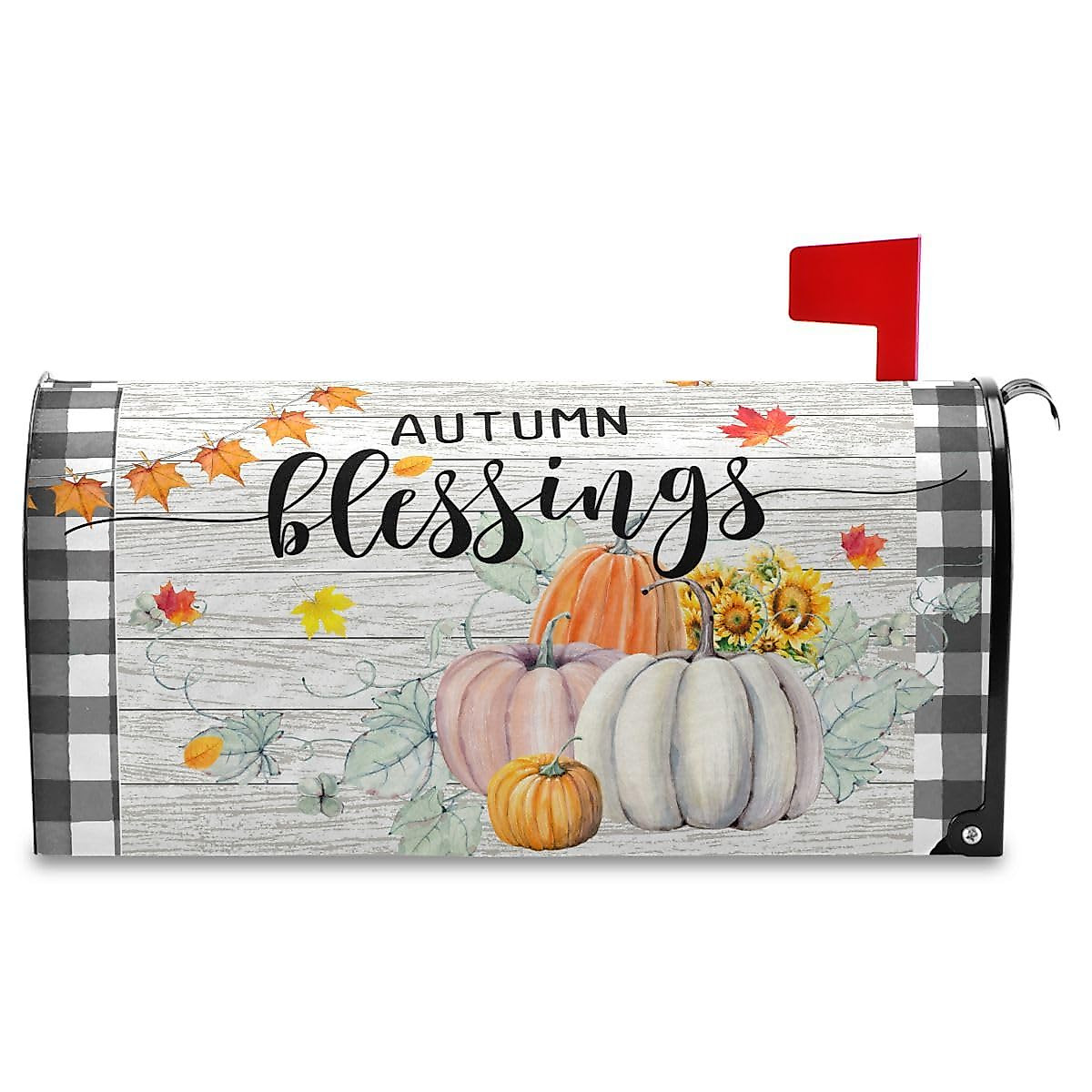 Wamika Autumn Blessing Mailbox Cover Standard Size Fall Pumpkin Sunflower Maple Leaves Magnetic Mailbox Covers Garden Yard Post Wraps Letter Box Cover Buffalo Plaid Decorations 21" L x 18" W