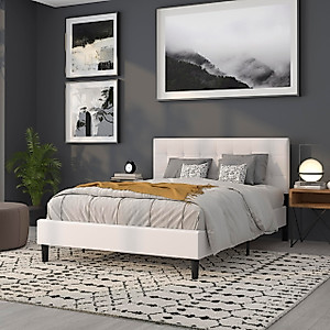 BizChair Button Tufted Upholstered Queen Size Headboard in White Vinyl