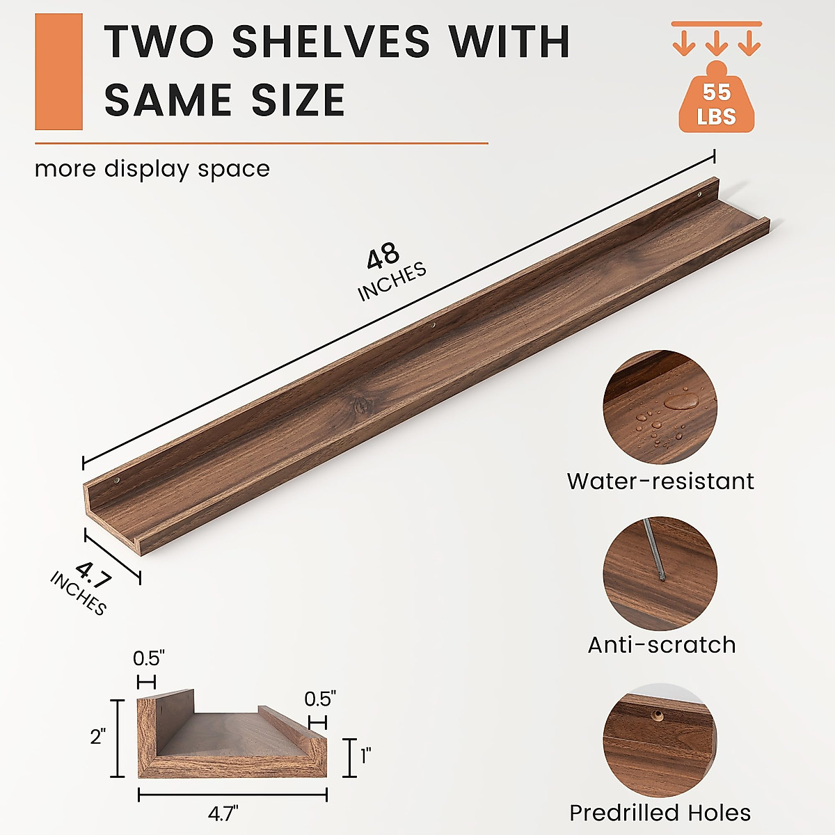 Picture Ledge Shelf, Floating Shelves Set of 2, 48 Inches Long Large Nursery Book Shelves for Toys Storage, Kids Bookshelf Wall Mounted for Living Room Bedroom Decor Books Photo Frames, Walnut