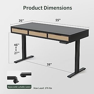 FEZIBO 55X26 Inches Boho Style Height Adjustable Electric Standing Desk with 3 Rattan Drawers, Stand up Desk with Large Storage Space, White（2 Packages）
