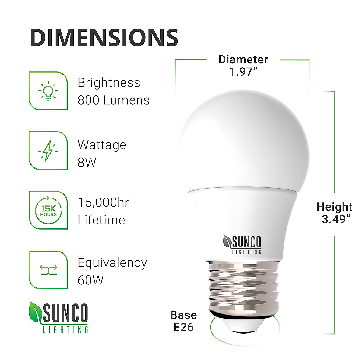 Sunco 10 Pack A15 LED Ceiling Fan Candelabra Light Bulbs E26 Medium Base CRI92 5000K Daylight 8W Equivalent 60W, 800 Lumens, Dimmable Waterproof Super Bright Appliance Indoor Outdoor UL