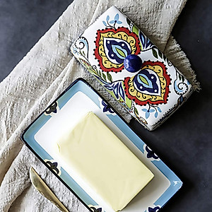HEMOTON Ceramic Butter Dish with Lid, Farmhouse Butter Plate with Cover Porcelain Butter Containers Cheese Container Holder Appetizer Serving Tray for Kitchen Decor
