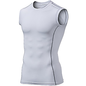TSLA Men's Sleeveless Workout Shirts, Dry Fit Running Compression Cutoff Shirts, Athletic Training Tank Top, Active Top White, Large