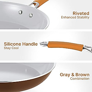 EPPMO Healthy Ceramic Skillet With Stay Cool Silicone Handle, Large Open Fry Pan Without Lid, Brown, 12 Inch
