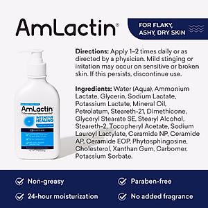 AmLactin Intensive Healing Body Lotion for Dry Skin, 7.9 oz Pump Bottle, 2-in-1 Exfoliator and Moisturizer with Ceramides and 15% Lactic Acid for 24-Hour Relief from Dry Skin (Packaging May Vary)