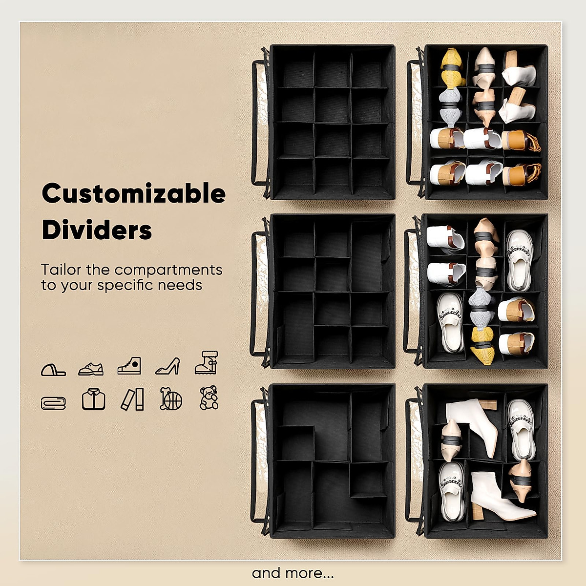 Homaisson 2-Pack Shoe Storage Organizer for Closet, Large Shoe Box Storage + 3 Pack Bed sheet organizers and storage, Foldable Sheet Set Organizers for Linen Closet (Black+Khaki)