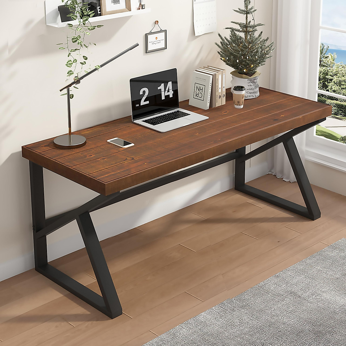 IBF Solid Real Wood Computer Desk, 60” Rustic Natural Real Wood Home Office Desk, Industrial Real Wood Writing Desk for Living Room, Metal Wooden Executive Workstation Computer Table, Brown, 60 Inch