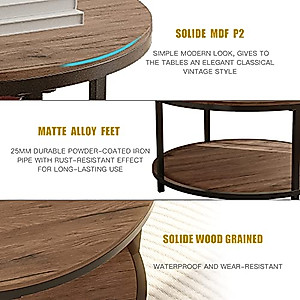 NSdirect 36” Round Coffee Table, Rustic Wooden Surface Top & Sturdy Metal Legs Industrial Sofa Table for Living Room Modern Design Home Furniture with Storage Open Shelf (Dark Walunt)