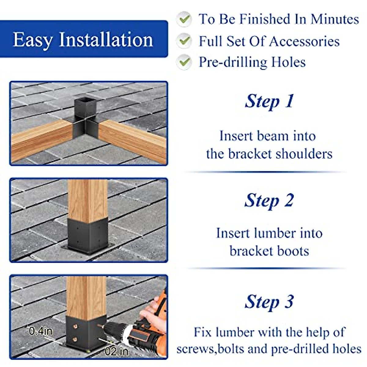 Flieeya Pergola Kit Black Elevated Wood Stand Kit with Steel Brackets, 8PCS Woodwork Pergola Hardware Kit with Powder Coated Steel Brackets for 6X6 Lumber, 3-Way 90 Degree Corner