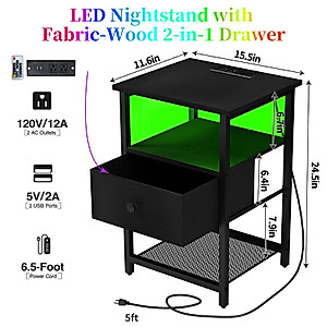HDDDZSW LED Nightstands Set of 2 with Charging Station, Bedside Tables with USB Ports and Outlets, End Table with Fabric-Wood 2-in-1 Drawer for Small Spaces, Black Side Table for Bedroom, Living Room