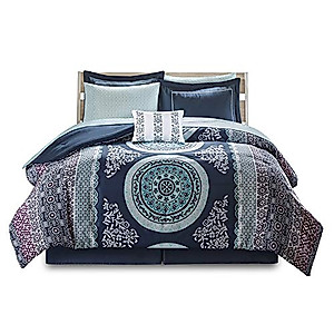 Intelligent Design Complete Bed In A Bag Casual Boho Comforter with Sheet Set Decorative Pillow, All Season Bedding Set, Queen, Loretta Navy 9 Piece