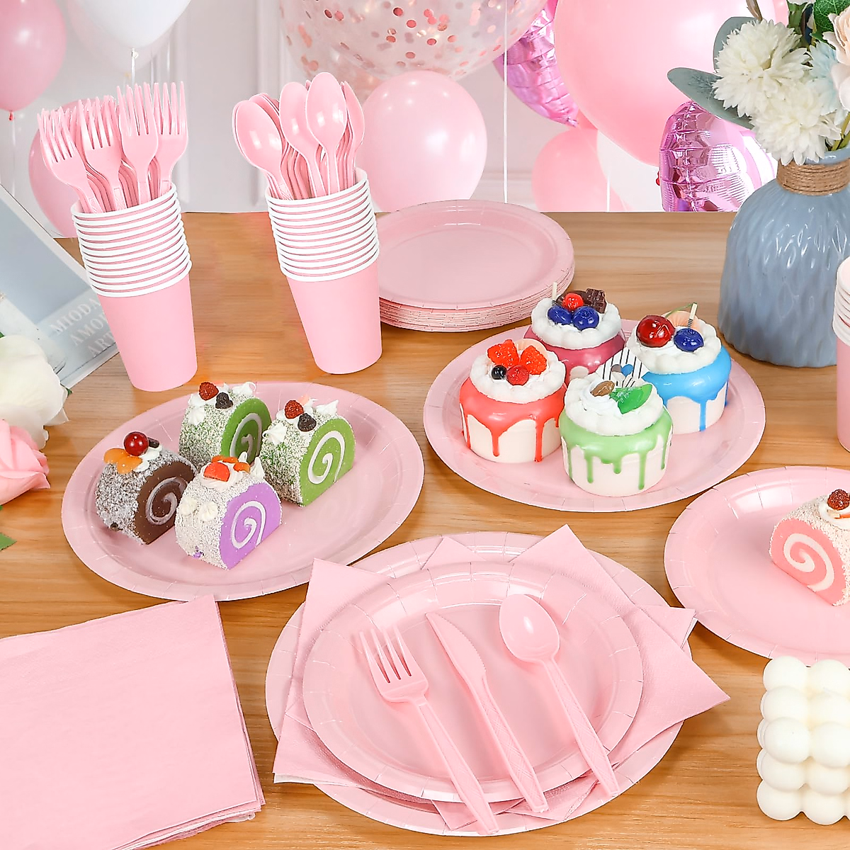 WNINK 168PCS Light Pink Paper Plates and Napkins,Pink Disposable Plates Set with Pink Utensils,Pink Party Decorations for Baby Shower Gender Reveal Women Birthday Party Supplies Serve 24 Guests