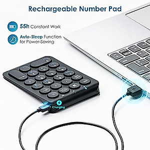 SANWA Bluetooth Numeric Keypad, Rechargeable Wireless Ten Key Number Pad, 22-Key Portable & Slim Financial Accounting Numpad for Laptop Computer, Compatible with MacBook, Windows, Android, iOS, Black