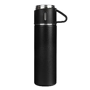 Insulated Water Bottle with Cup Travel Coffee Mug with Handle Stainless Steel Tumblers Thermos for Hot and Cold Drinks Water Flask 17 oz/500ml Black