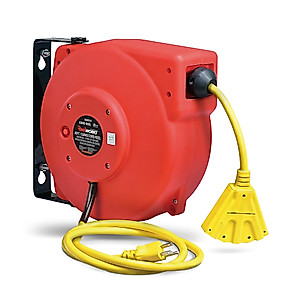 ReelWorks Retractable Extension Cord Reel Polypropylene 12AWG x 40' Foot Industrial Commercial Grade 3C SJT Cable Triple Tap Connector 15A 125VAC 1875W 60Hz Current Interrupter Best for Indoor Use