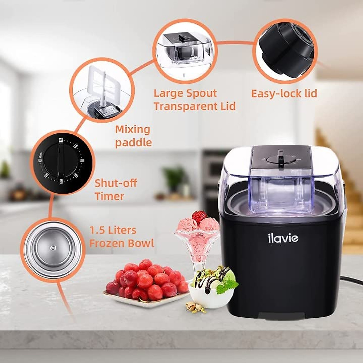 Ice Cream Maker, Mix-ins, Milkshakes, Frozen Yogurt, Sorbet, Gelato Soft Serve Machine with Auto Shut-off Timer, 1.5 Quart Container & Lid Removable Inner Bowl, Gifts for Kids Home