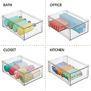 mDesign Plastic Stackable Kitchen Storage Organizer Bin Containers with Front Pull Drawer for Cabinet, Pantry, Fridge, Freezer, Shelf, Refrigerator Organization - Lumiere Collection - 2 Pack - Clear