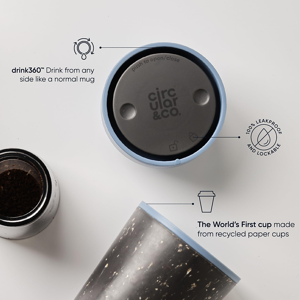 Circular & Co Reusable Coffee Cup - 16oz - 100% Leakproof Large Travel Mug - Made from Recycled Coffee Cups - Sustainble Coffee Tumbler - 360 Drinking - BPA Free - Dishwasher Safe