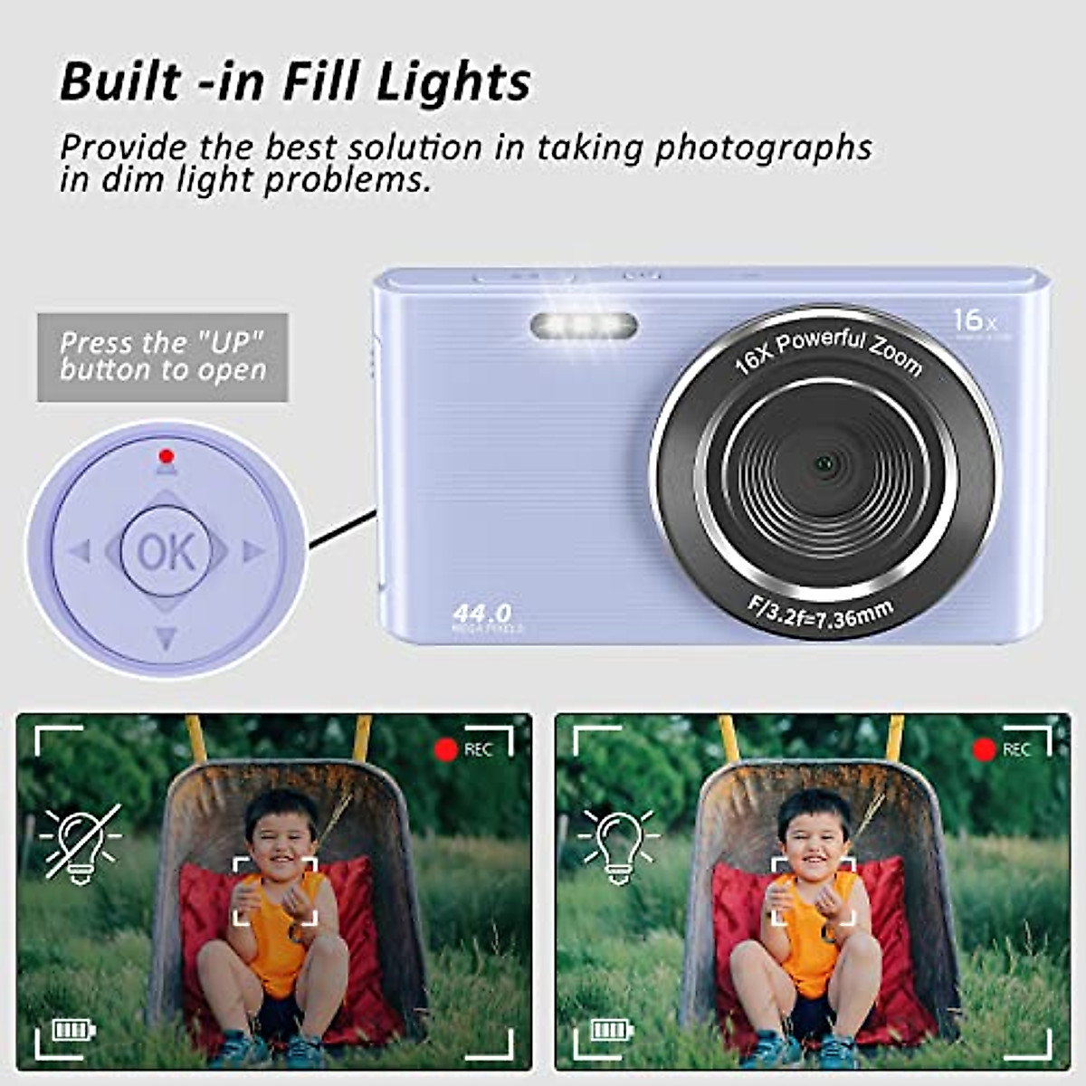 Digital Camera Cheap, UIKICON 4K 44MP Kids Camera with 32GB SD Card, 2.4 Inch Point and Shoot Camera with 16X Digital Zoom, Compact Camera for Kids Teens Boys Girls Adults Students Seniors(X3-Purple1)