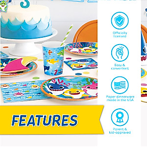 Baby Shark Birthday Decorations Set | Baby Shark Party Supplies | For Boys and Girls | With Banner, Tablecloth Table Cover, Dinner Plates, Cake Plates, Cups, Napkins, Sticker | Serves 16 Guests