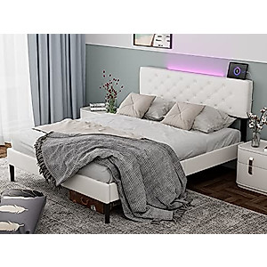 IKIFLY Modern Full Size LED Bed Frame with 2 USB Ports, Upholstered Button Tufted Faux Leather Platform Bed with Adjustable Headboard, Solid Wood Slats, No Box Spring Needed - White/Full