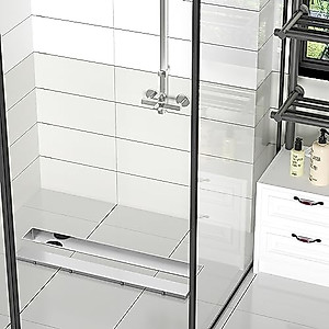 Neodrain 32-Inch Offset Linear Shower Drain with Tile Insert Grate Cover, Brushed 304 Stainless Steel Rectangle Side Outlet Shower Floor Drain, Adjustable Leveling Foot, Hair Strainer/Catcher