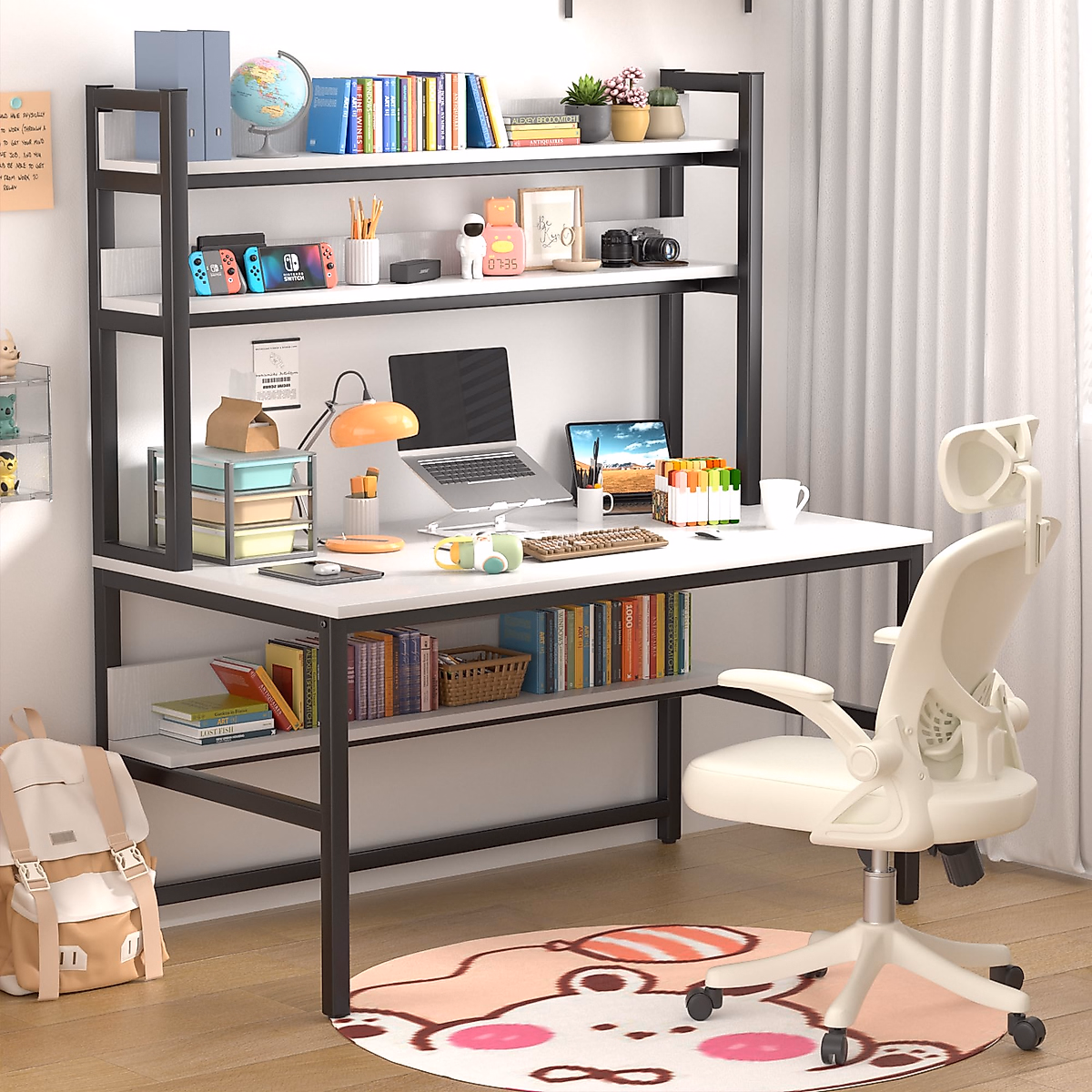 Aquzee Desk with Hutch, 55inch Computer Desks with Shelves, 4 Tiers Gaming Desk with Large Wood Desktop, Metal Legs, Ideal for Storage Study Work Writing Homework, White, 55Wx65Hx23.6D Inches
