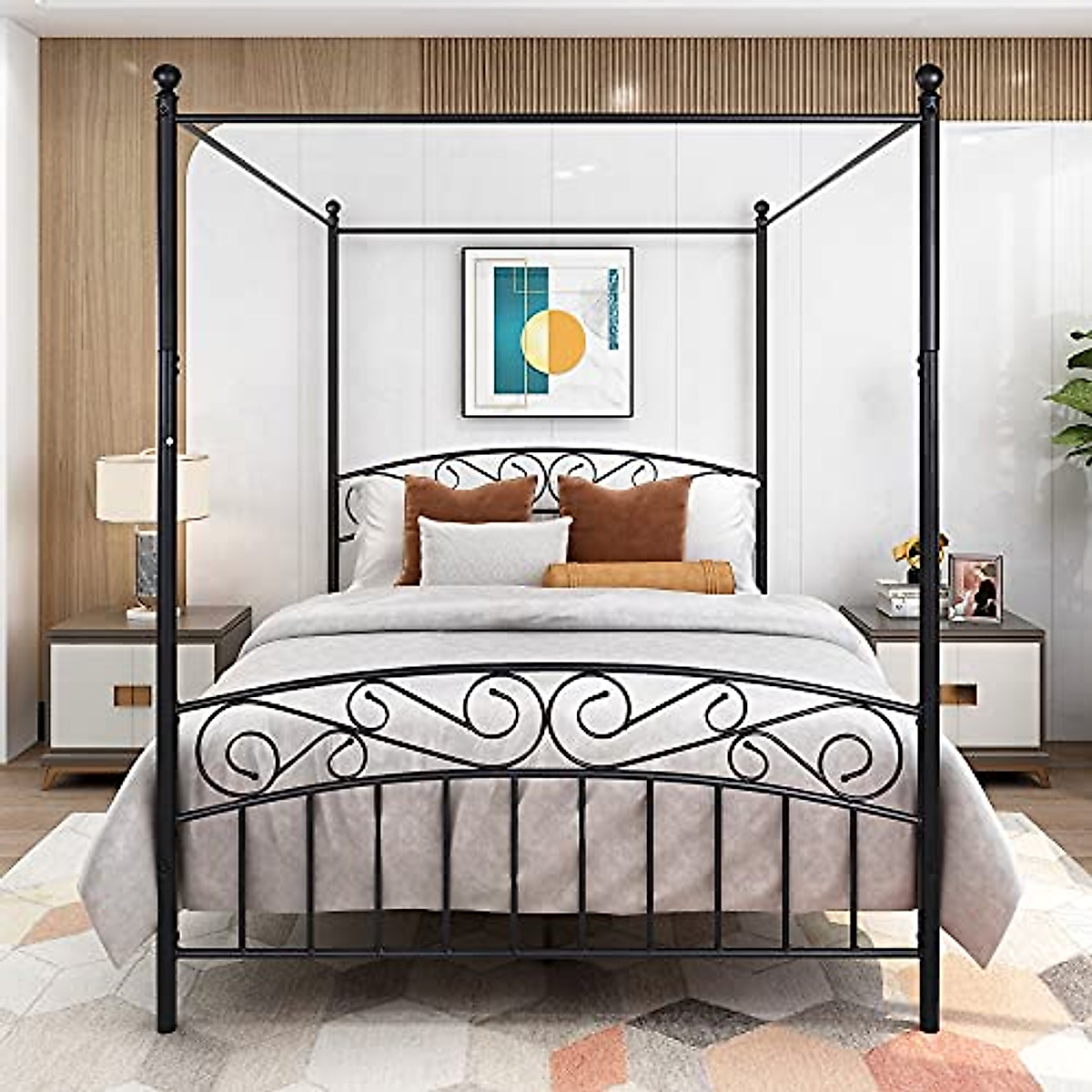 USIIN Queen Size Metal Canopy Bed Frame with Headboard and Footboard Black