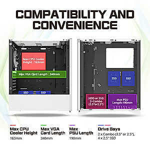 Zalman S5 ATX Mid-Tower Gaming PC Case, 2 x 120mm Fans Included (1x RGB), Thick 4mm Tempered Glass Side Panel, AIO Water Cooler Bracket, Front Panel RGB Strip (White)