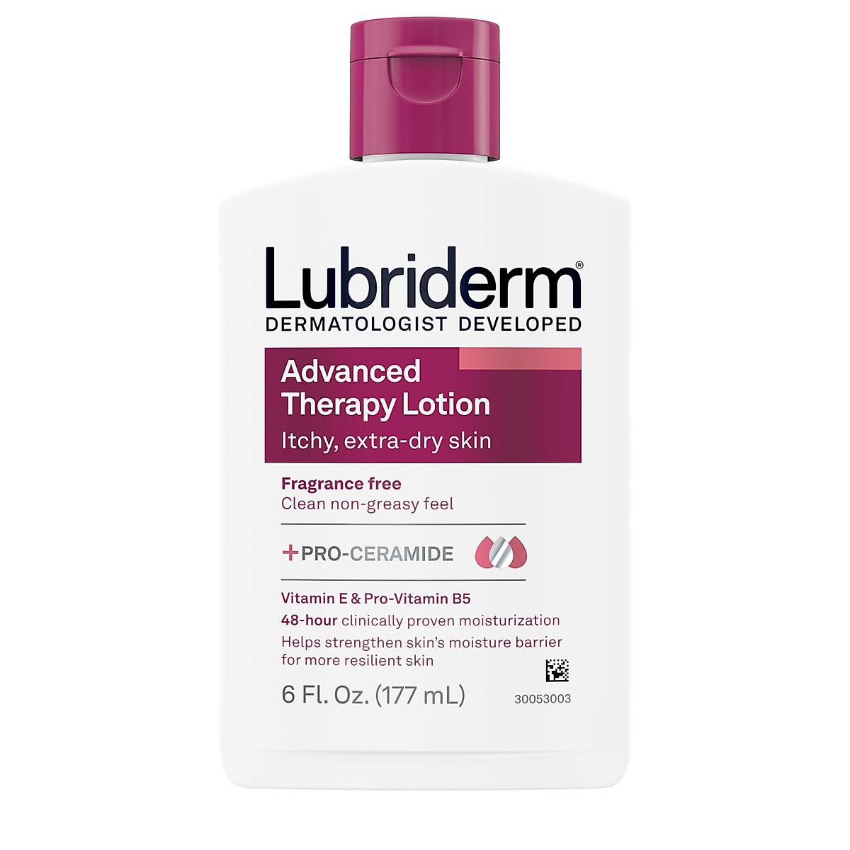 Lubriderm Advanced Therapy Fragrance Free Moisturizing Hand & Body Lotion + Pro-Ceramide with Vitamins E & Pro-Vitamin B5, Intense Hydration for Itchy, Extra Dry Skin, Non-Greasy, 6 fl. oz