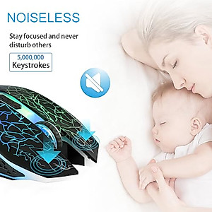 TENMOS M2 Wireless Gaming Mouse, Silent Rechargeable Optical USB Computer Mice Wireless with 7 Color LED Light, Ergonomic Design, 3 Adjustable DPI Compatible with Laptop/PC/Notebook, 6 Buttons (Black)