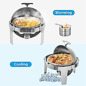 Roll Top Chafing Dish Buffet Set, 6.8 Quart Full Size Pan Chafer, Round Stainless Steel Set, for Wedding, Parties, Banquet, Catering Event, 1 Pack