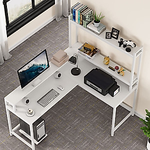 Tribesigns L Shaped Desk with Hutch and Monitor Stand, Corner Computer Desk Home Office Desk with Storage Shelf, Gaming Table Workstation,CPU Stand Included, (White&White)