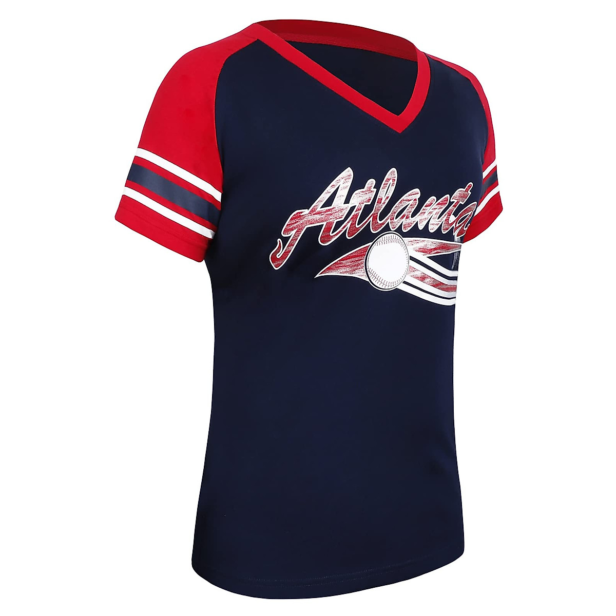 Geneisteck Womens City Baseball V Neck Fans Raglan T-Shirts - Navy & Red (Size:M)