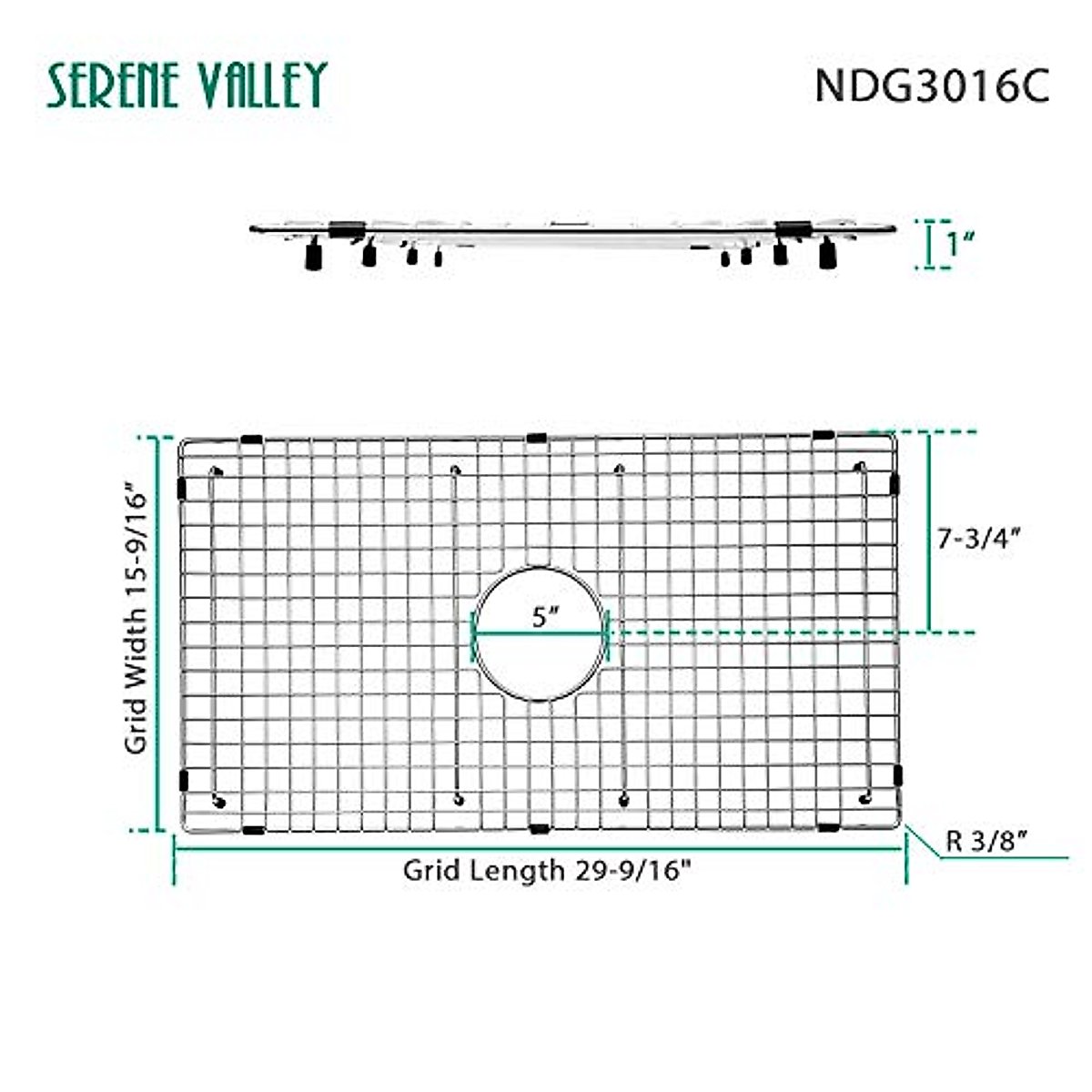 Serene Valley Sink Bottom Grid 29-1/2" X 15-9/16", Centered Drain with Corner Radius 3/8", Sink Protector NDG3016C