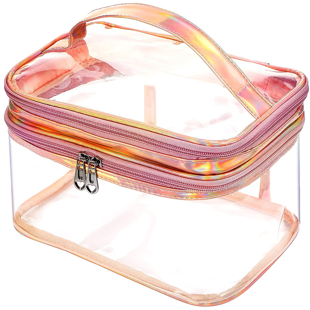 Clear Makeup Bag Toiletry Organizer Waterproof Large Makeup Bag Transparent Makeup Case Double Layer Cosmetic Bag Multi Function Travel Makeup Bag for Toiletries Makeup Travel Portable, Pink