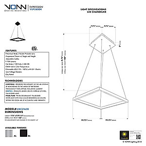 VONN VMC31620AL Atria 20" LED Chandelier, Adjustable Suspension Fixture, Modern Square Chandelier Lighting in Silver