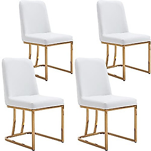 Wahson Set of 4 Faux Leather Upholstered Dining Room Chairs, Classic Modern Fabric Chair for Dining Room, with Golden Metal Frame, White