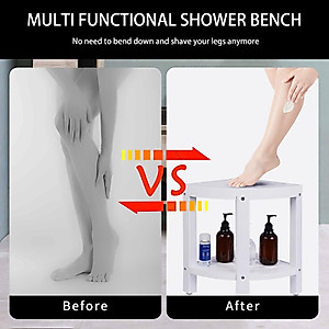 Corner Shower Bench with Storage Shelf,Waterproof Bamboo Corner Shower Stool for Shaving Legs,Easy Assemble Non-Slip Shower Chair for Bathroom,Stable & Sturdy Adjustable Feet Shower Seat(White)