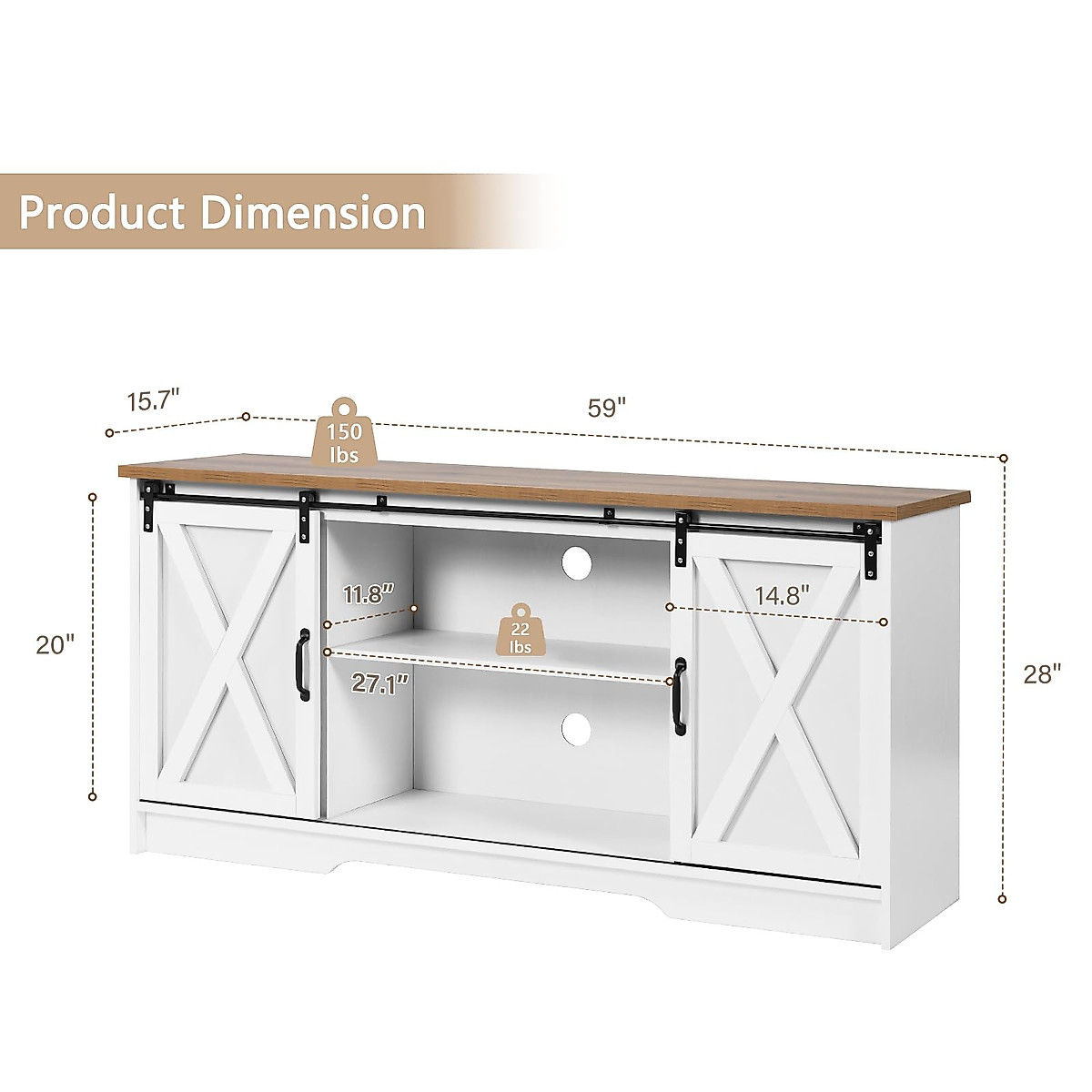 4 EVER WINNER White TV Stand for 65 Inch TV, 58" Farmhouse Entertainment Center with Sliding Barn Doors for Televisions up to 65+ Inch, TV Stand 65 Inch with Adjustable Shelf for Living Room