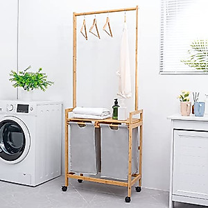 Homde Laundry Basket,Bamboo Laundry Sorter Cart Rolling with Clothes Hanging Rod, 2 Section Laundry Hamper with Wheels, Removable Sliding Bags, Utility Laundry Storage Organizer for Bathroom